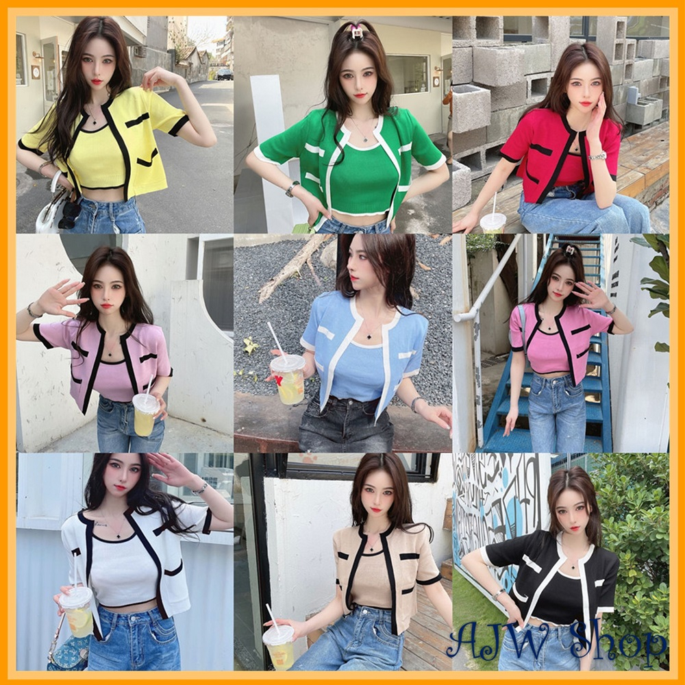 Jual AJW Tanktop Cardigan Set Korean Style Rajut Import Premium UP | Cardigan Lengan Pendek ...