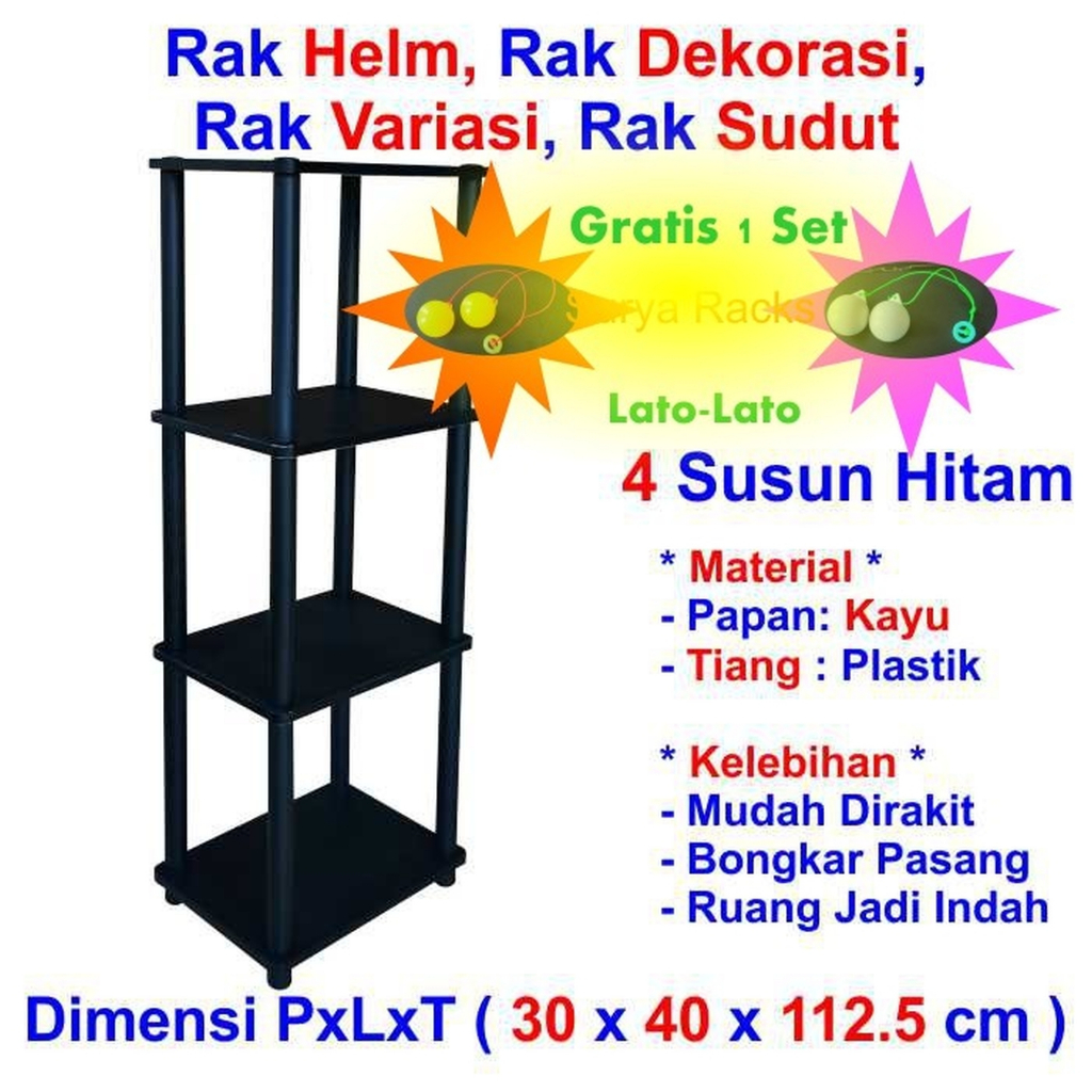Jual Rak Helm Hitam 4 Susun ( RSG-4-3040-335-Hitam-Hitam-Kayu ), Rak ...
