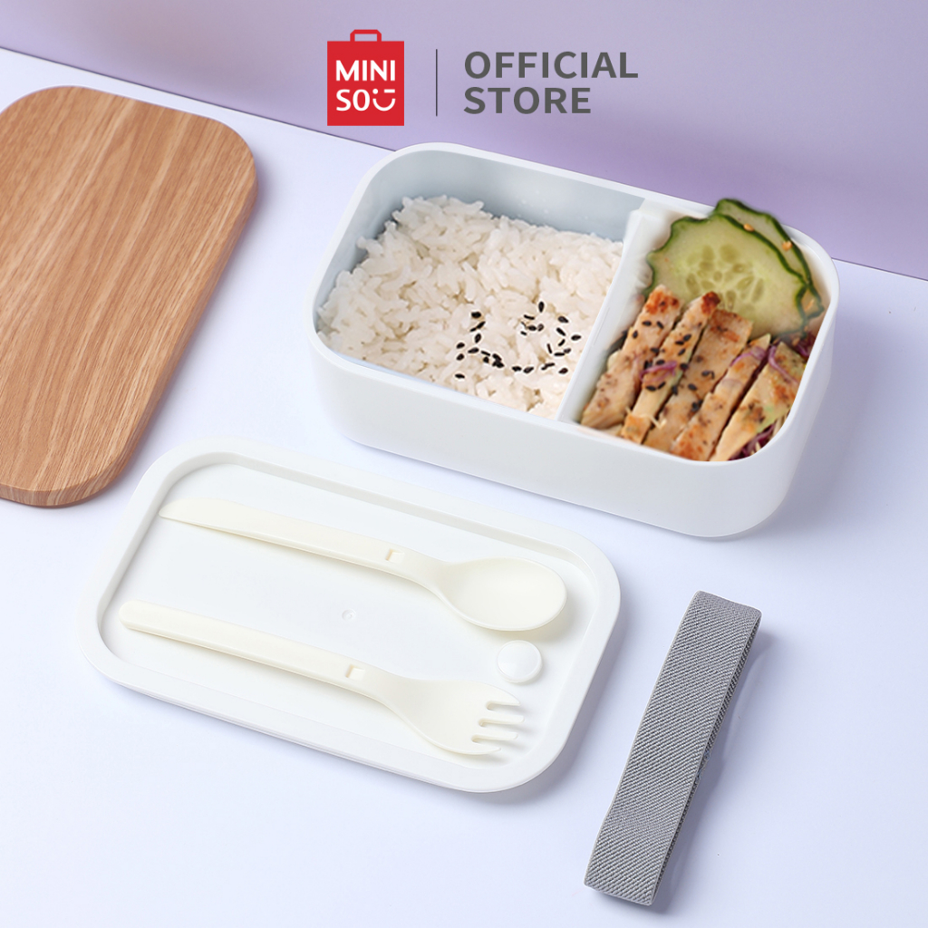 Jual MINISO Kotak Makan 900ml + Gratis Sendok Garpu Lunch Box 2 Grids Tempat Bekal Kayu Imitasi ...