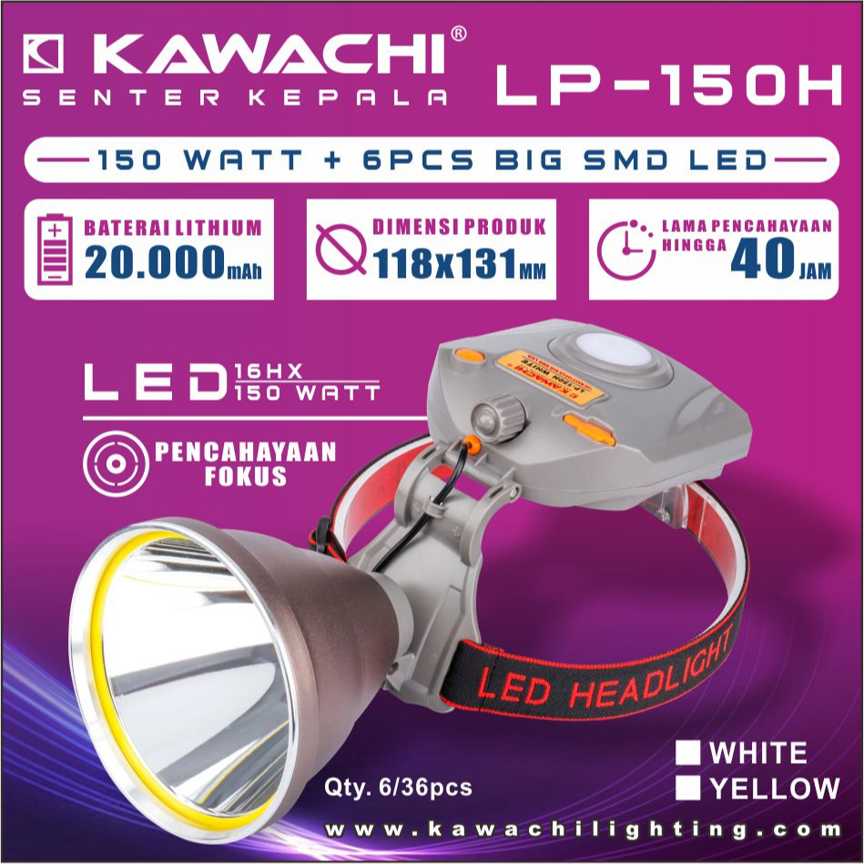 Jual SENTER KEPALA SUPER JUMBO 150watt Plus 6PCS BIG SMD LED LP-150H Super Terang KAWACHI NEW ...
