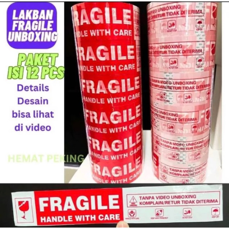Jual Lakban Fragile Unboxing merah putih Isi 12 pcs Bahasa Indonesia ...