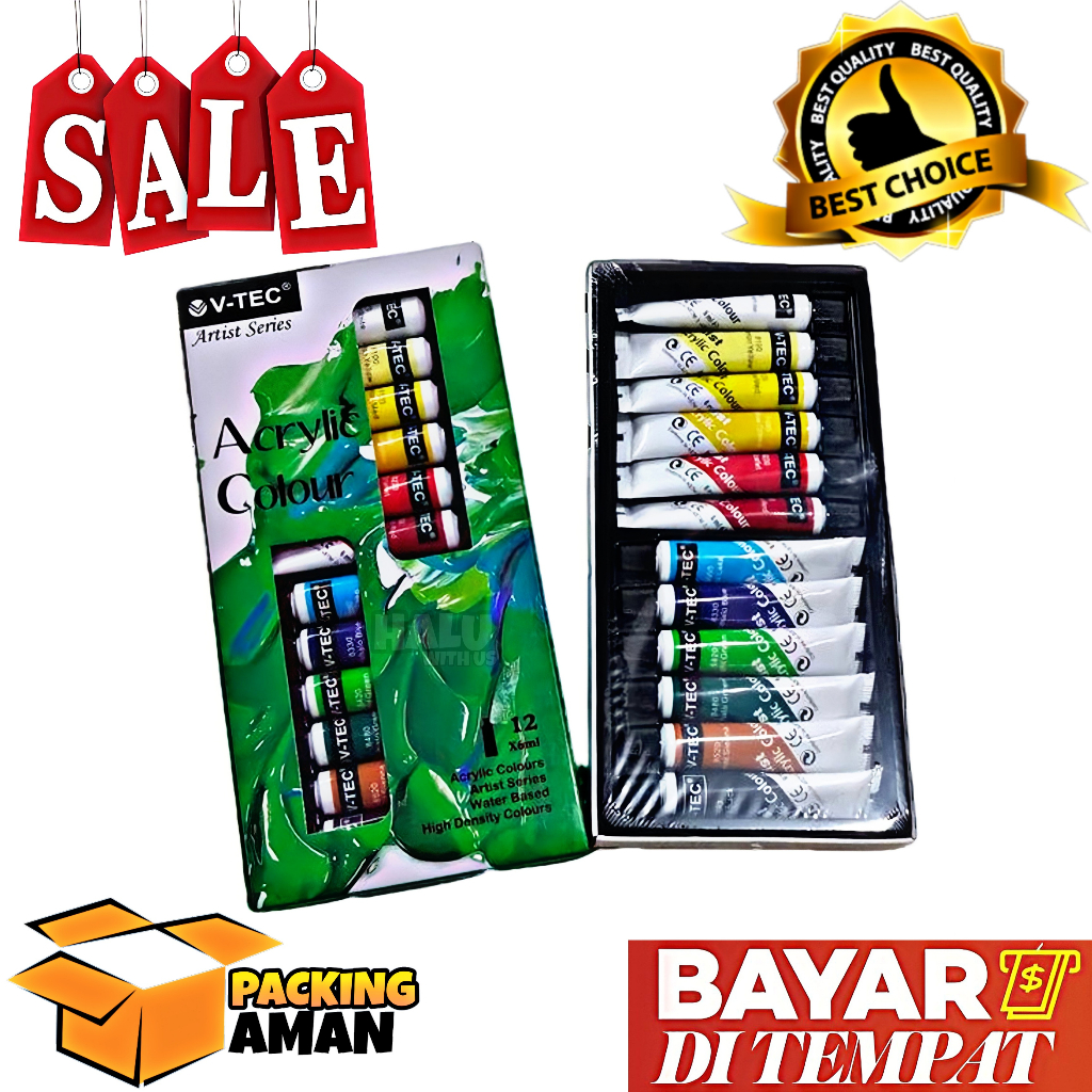 Jual (BISA COD) PROMO 1 Pcs Cat Acrylic 12 Warna V-TEC / Cat Akrilik / Cat Lukis / Alat Lukis ...