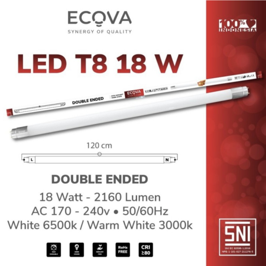 Jual Lampu TL Led T8 Ecova 18W 120CM Body fiting Alumunium | Shopee ...