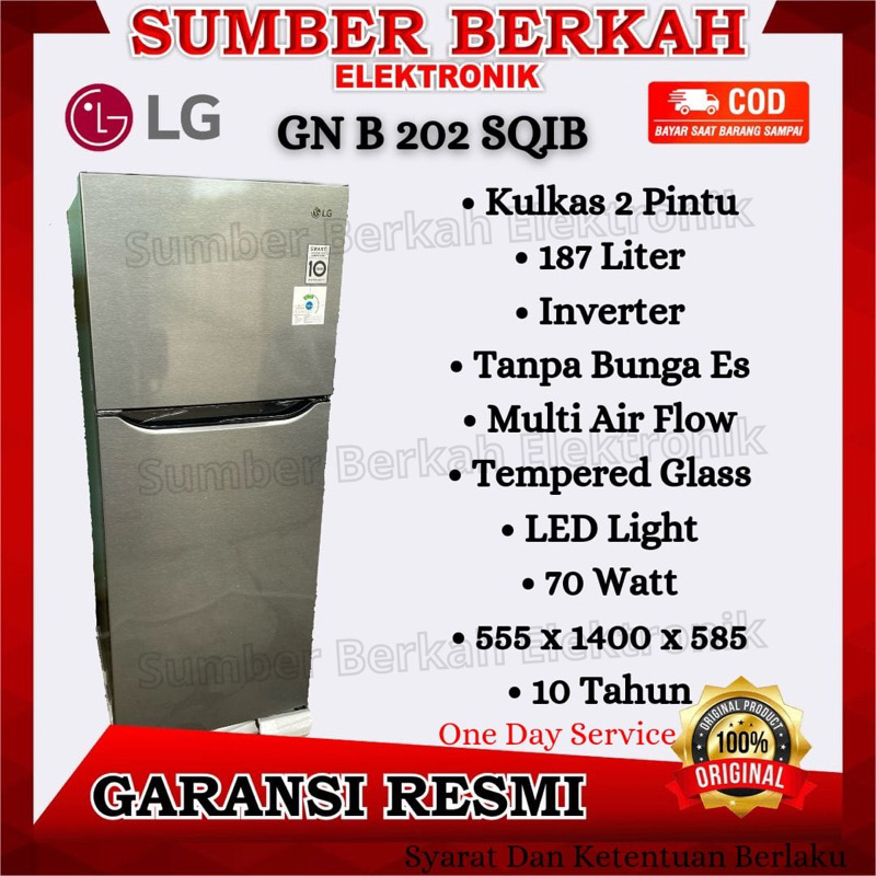 Jual Kulkas LG 2 pintu GN B 202SQIB inverter low watt 187 liter garansi resmi 202 SQIB promo ...