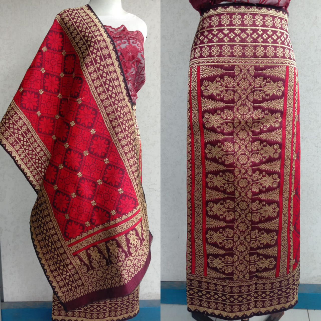 Jual Songket Palembang Asli Tenun Tangan | Bunga Cina Merah Hati dan Merah Kombinasi Kristal ...