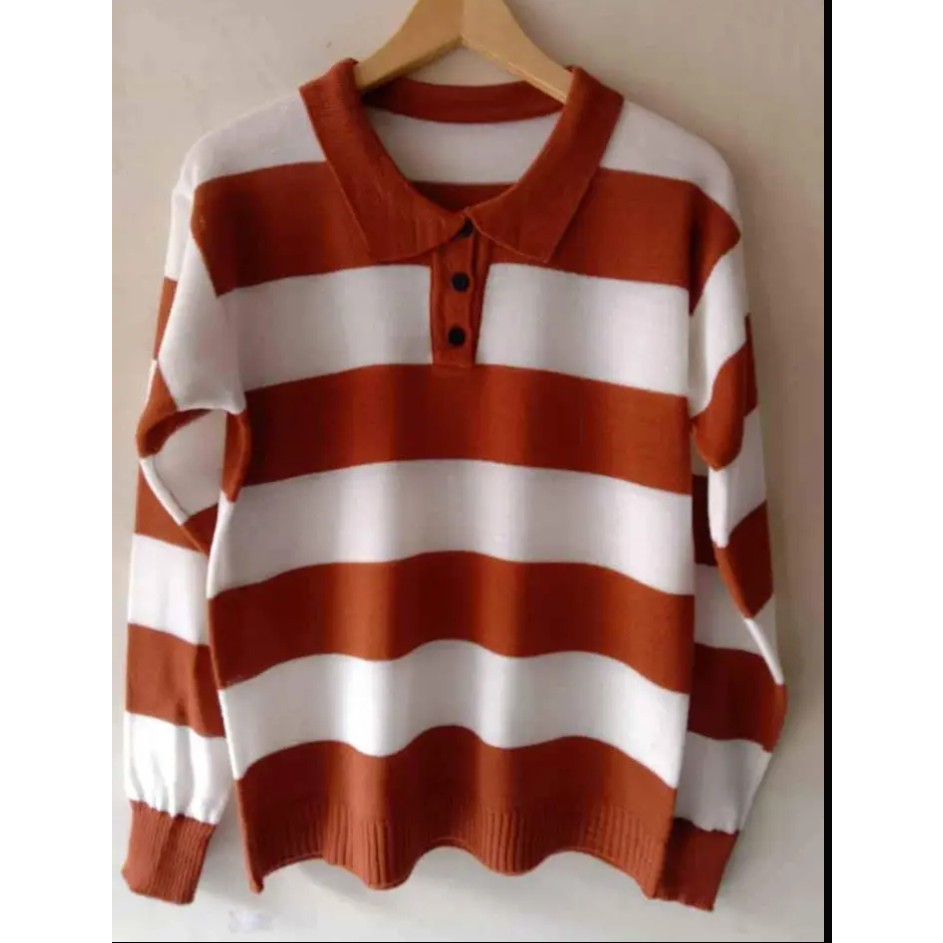 Jual SWEATER KNIT RAJUT OVERSIZE POLO KANCING STRIP/ATASAN RAJUT KERAH ...