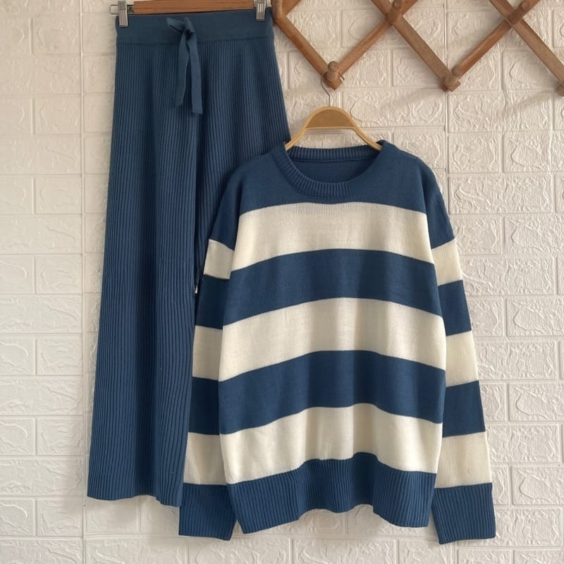 Jual ONE SET RAJUT SWEATER STRIPE SETELAN CELANA KULOT RAJUT WANITA ...