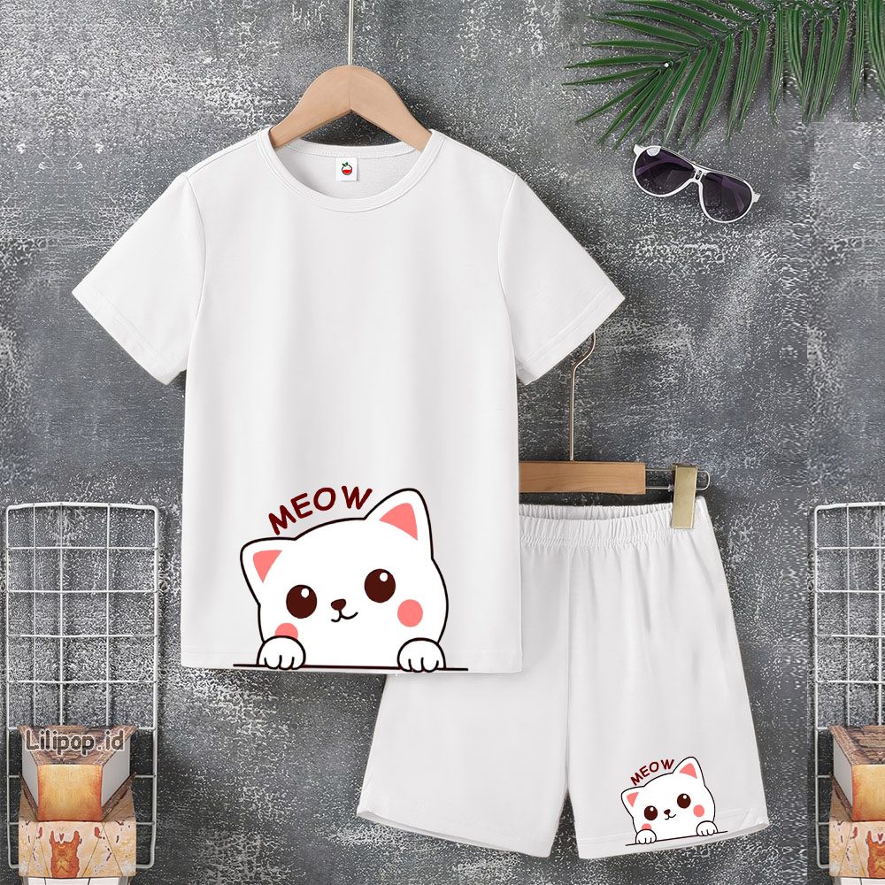 Jual Baju Anak Stelan Usia 4-10 Tahun MEOW CAT Kaos 3/4 Cowok Cewek Celana Pendek Harian CUTE ...
