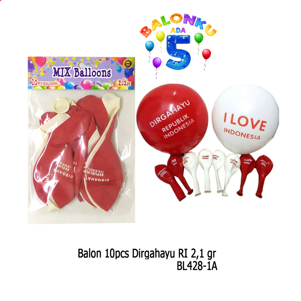 Jual (10 Pcs) Balon Latex Dirgahayu RI 2,1gr, balon motif dirgahayu ...