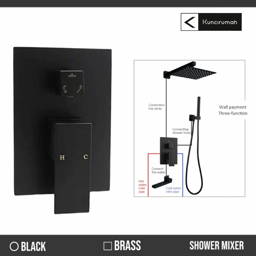 Jual Kran shower tanam hitam 5 lubang kuningan / Shower mixer black 3 ...