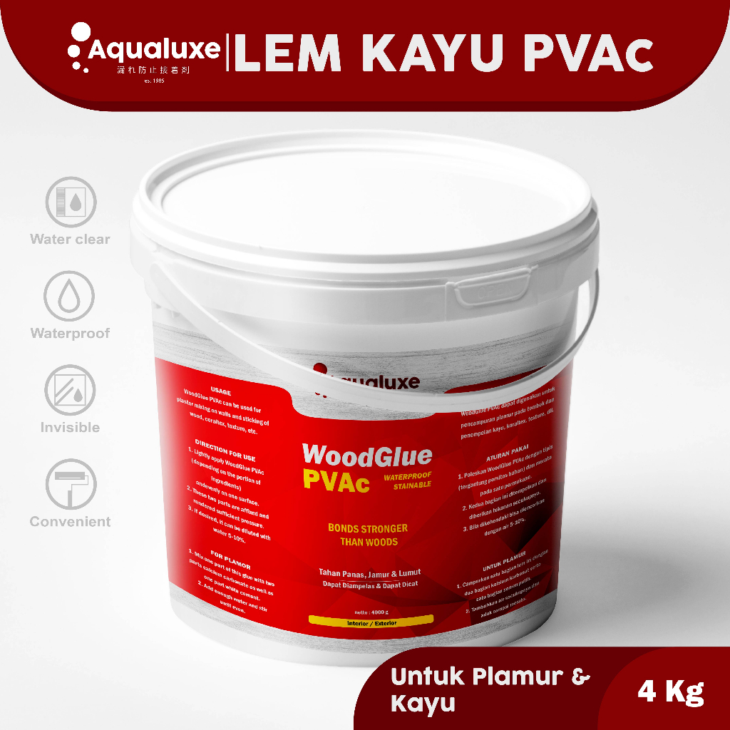 Jual Aqualuxe Lem Kayu PVAc 4kg Untuk Plamir Kayu Tembok Kertas Lem ...