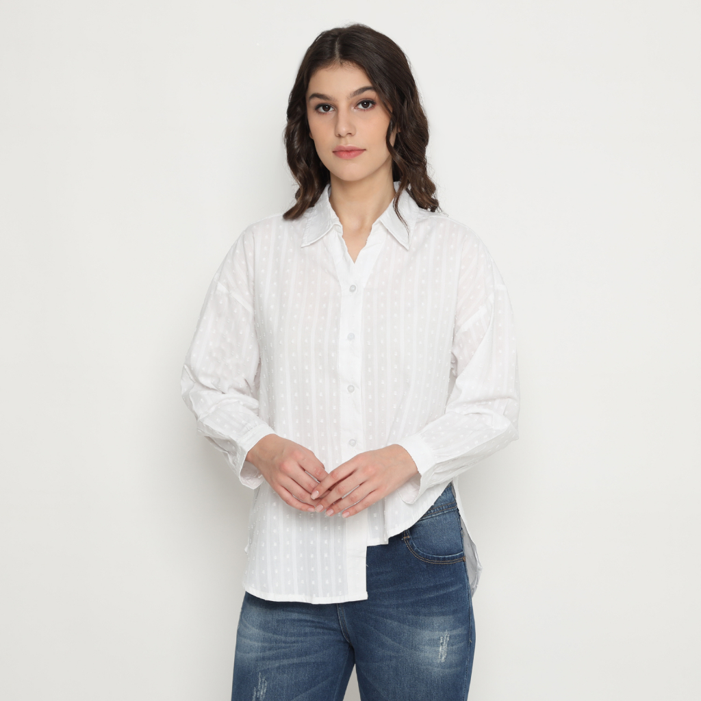 Jual ROMP Kemeja Wanita Motif Dobby Dot - Putih | Shopee Indonesia