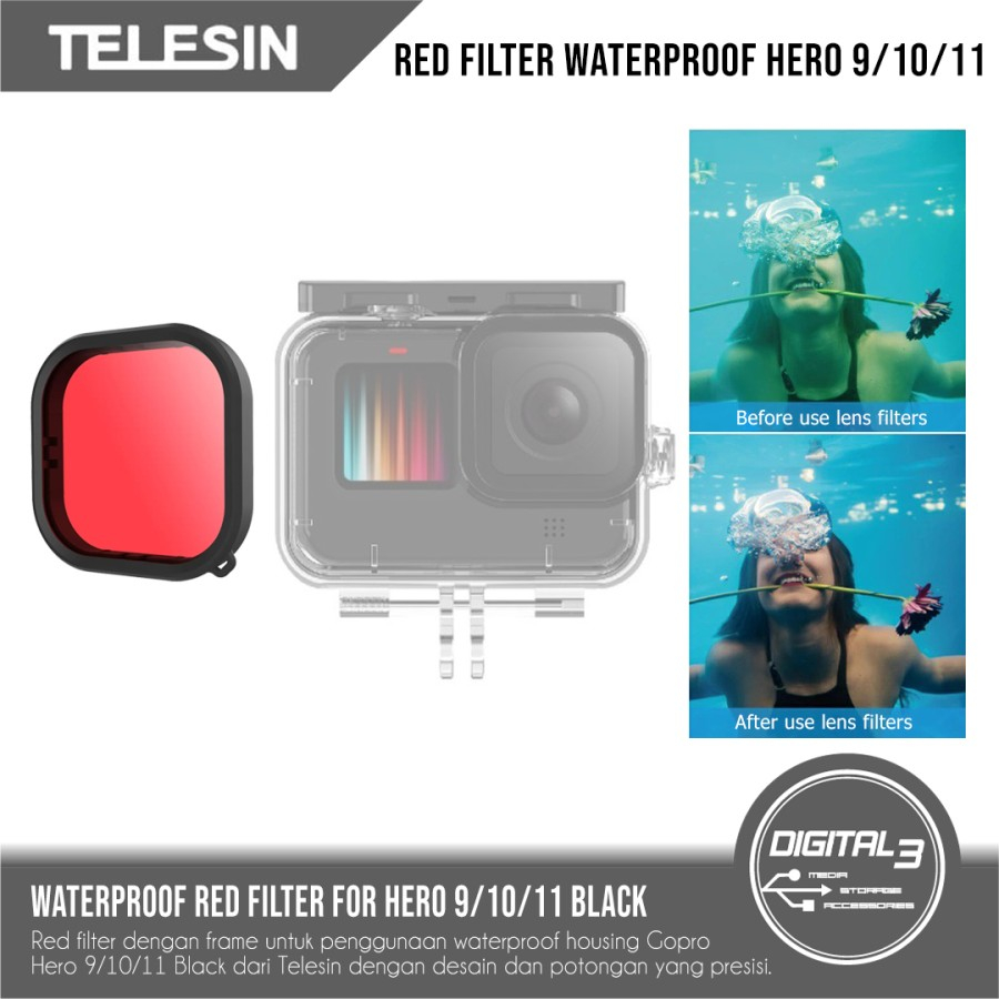 Jual Telesin Red Filter Lensa For Waterproof Case Gopro Hero 9 10 11 12 13 Black Dive Snorkling ...