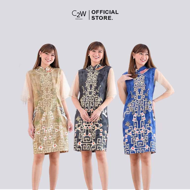 Jual C2W Clothtowear Dress Batik Wanita All Size Satin Women's Clothes Tile Arm Span Pesta ...