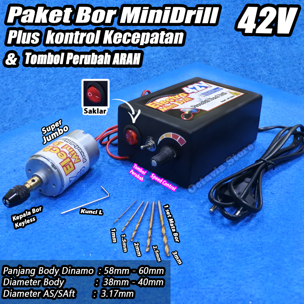 Jual Paket Bor Mini Drill DC 42V SUPER Plus Speed kontrol dan Perubah ...