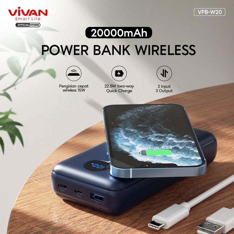 Jual Vivan PowerBank 20000mAh VPB-W20 Fast Charging 3 Output Wireless ...
