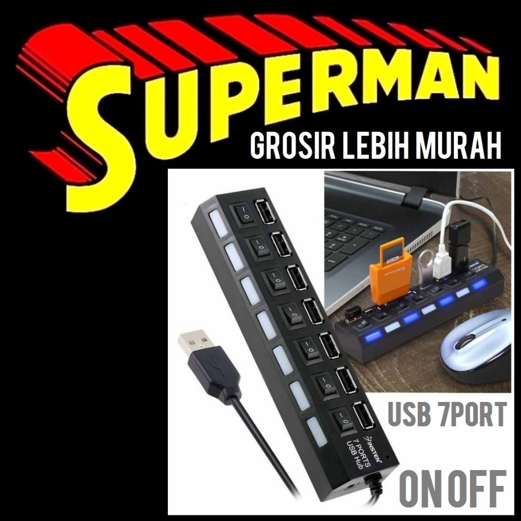 Jual (O4) USB 7 PORT USB hub 2.0 7 port saklar on off adaptor charger ...