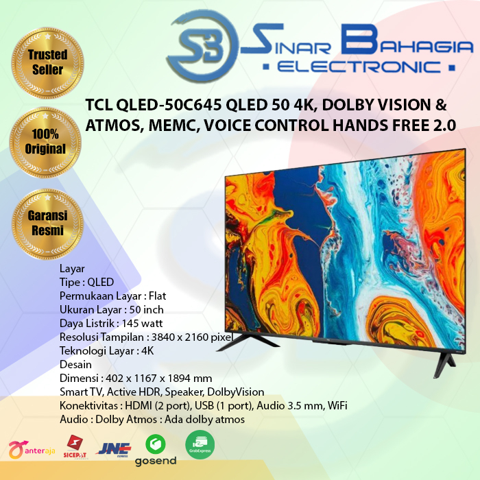 Jual TCL QLED-50C645 QLED 50 4K, DOLBY VISION & ATMOS, MEMC, VOICE CONTROL HANDS FREE 2.0 (NEW ...