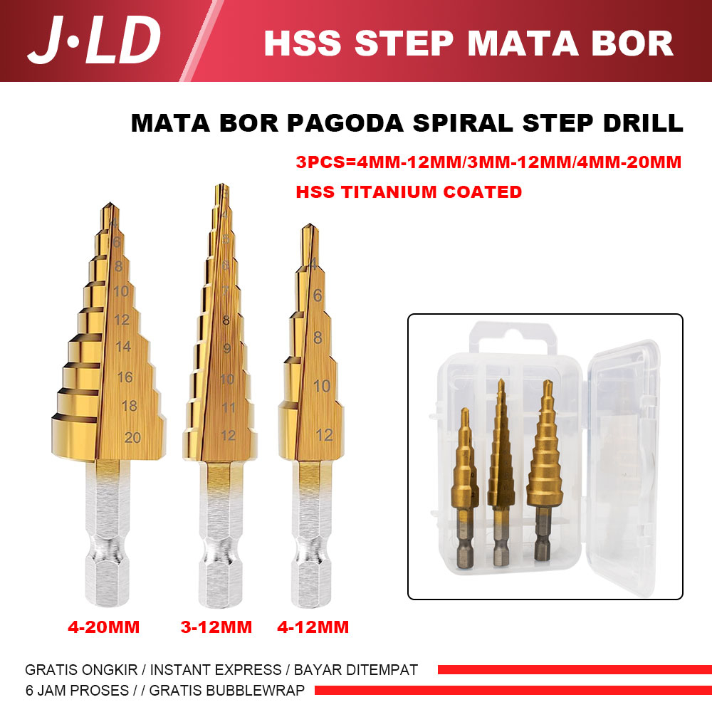 Jual JLD 3pcs HSS mata bor step bor Mata Bor Pagoda Spiral Titanium ...