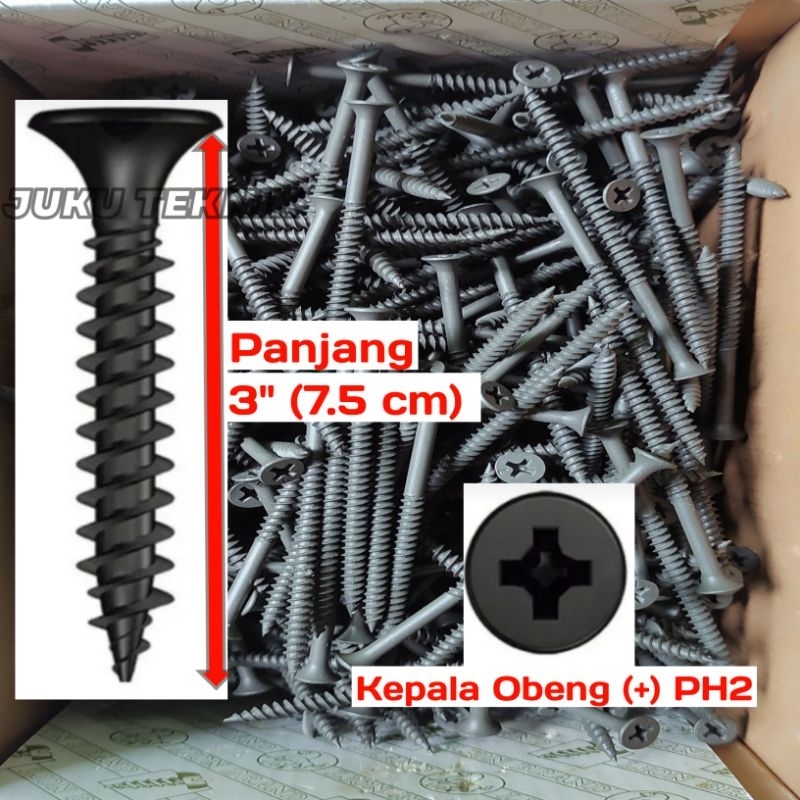 Jual Sekrup Gypsum Hitam 8x3 50pcs/Sekrup Drywall Phosphated 8x3 50pcs ...