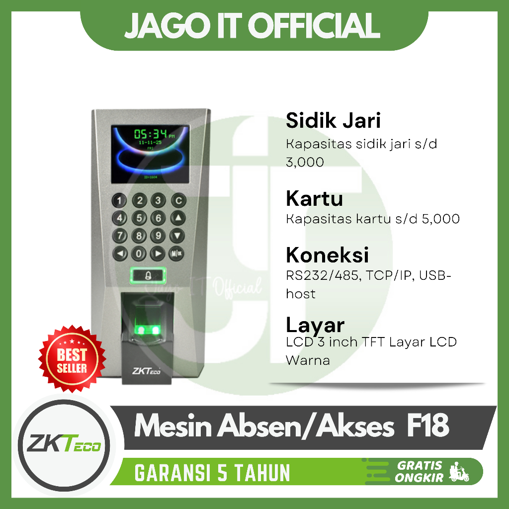Jual Mesin Absen dan Akses Kontrol Sidik Jari Kartu dan PIN ZKTeco F18 ...