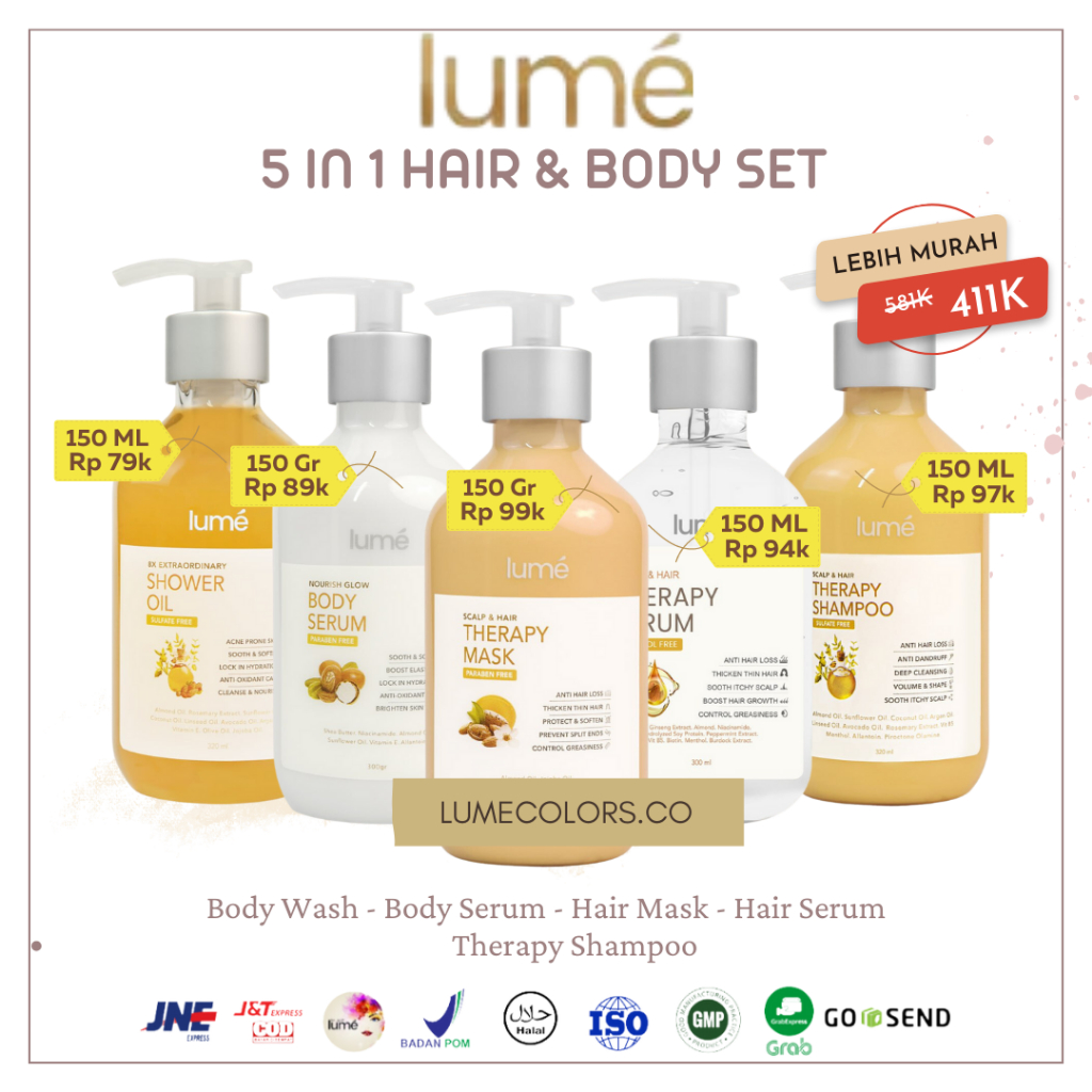 Jual LUME PAKET 5 IN 1 SHAMPOO HAIR MASK SHOWER OIL BODY SERUM ...