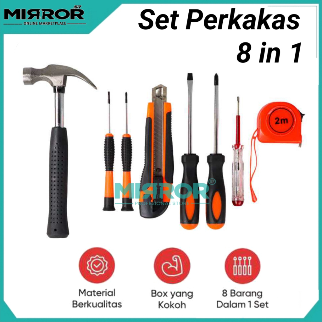 Jual Satu Set Alat Perkakas Palu Obeng Cutter Meteran 8 in 1 | Shopee ...