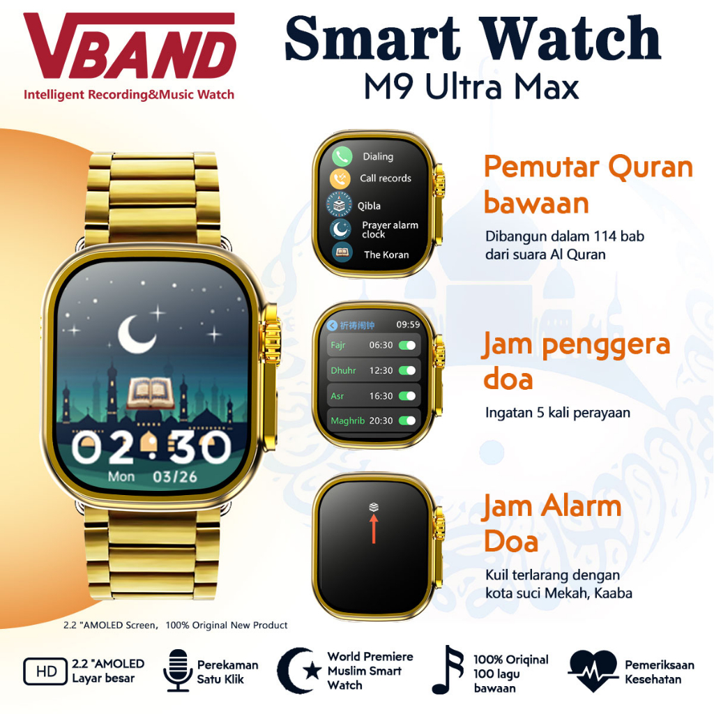 Jual M9 ULTRA MAX 24K Golden Karakteristik Muslim smartwatch 2.2 inci ...