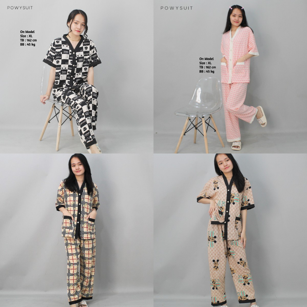 Jual ST Oliv Korea Powysuit Piyama Bahan Satin Sutra Lengan Pendek Celana Panjang Baju Tidur ...