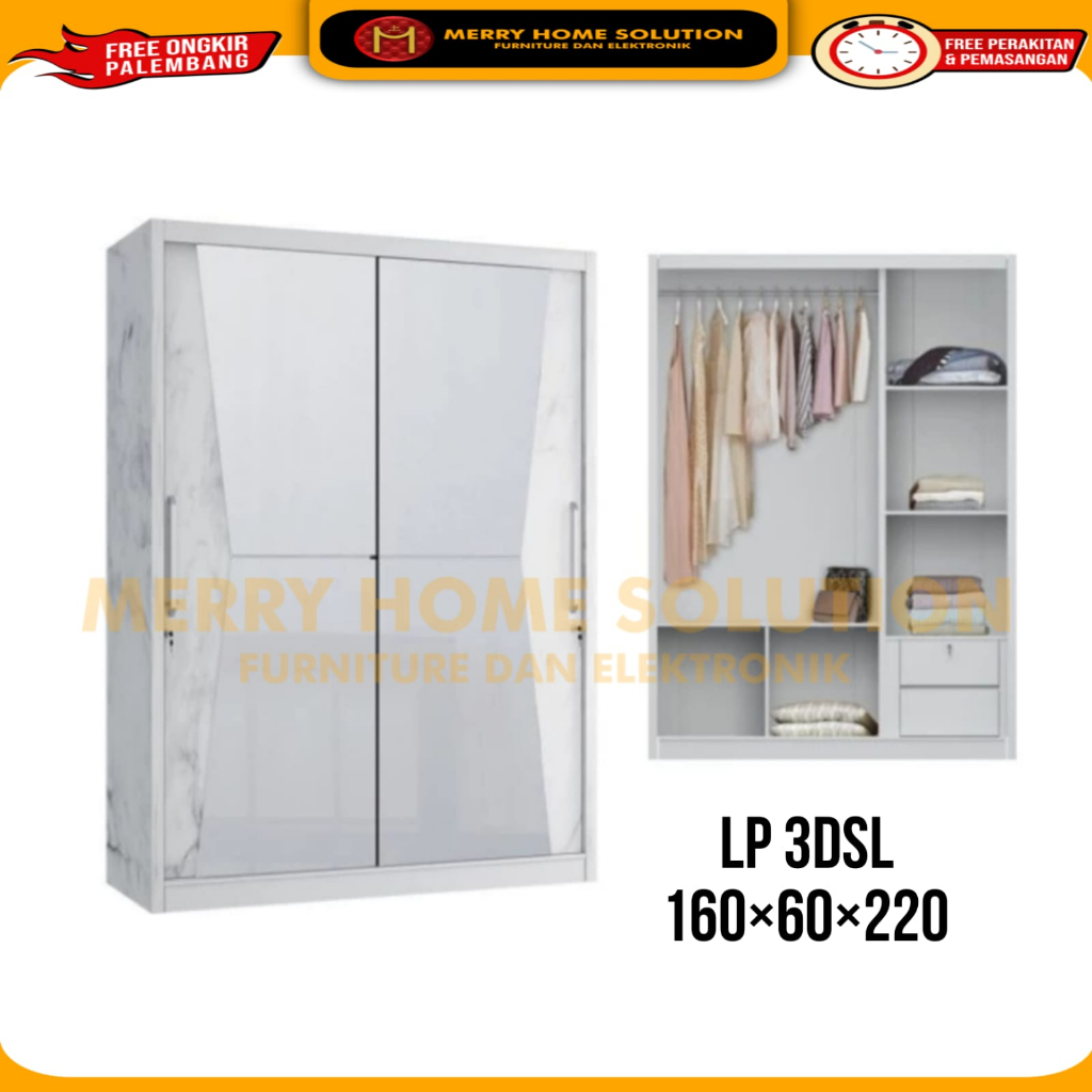 Jual lemari sliding cermin LP Marble 3D SL / lemari pakaian siantano 2p ...