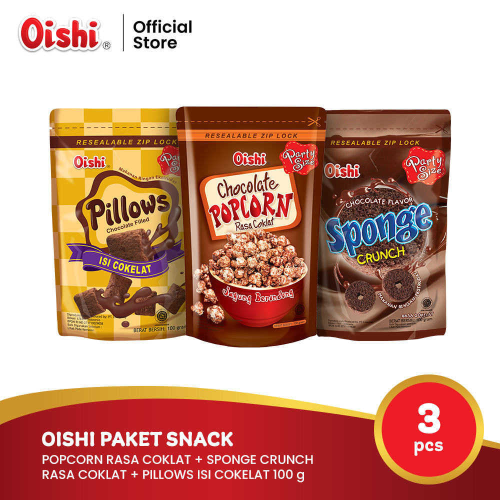 Jual Oishi Paket Snack Coklat - Popcorn & Pillows & Sponge [100 gr x 3 pcs] | Shopee Indonesia