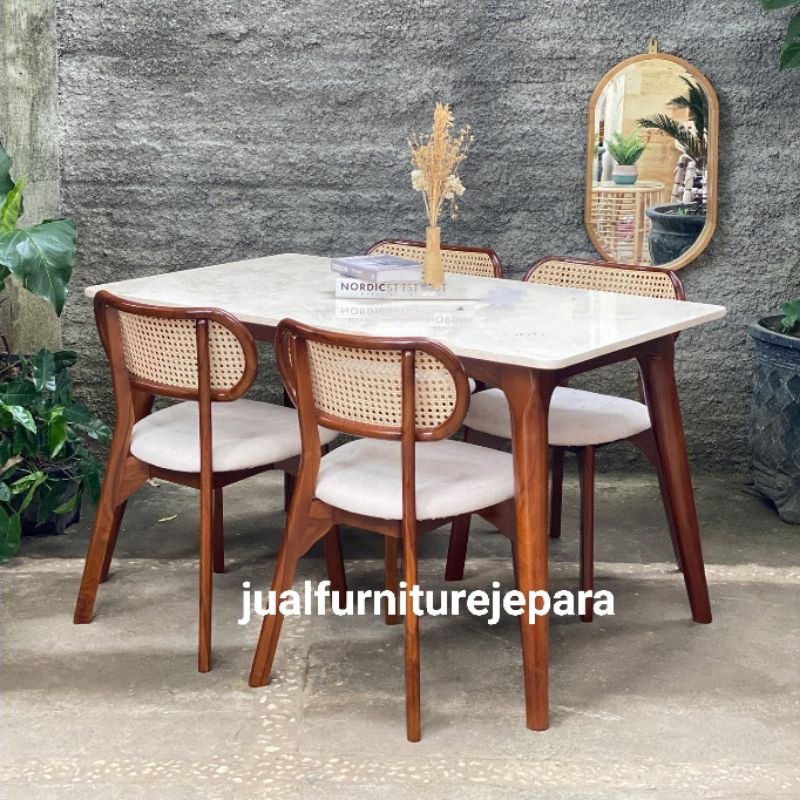 Jual Meja Makan Marmer Asli 4 Kursi Rotan Kayu Jati, Set Meja Makan Marmer Asli 4 Kursi Kayu ...