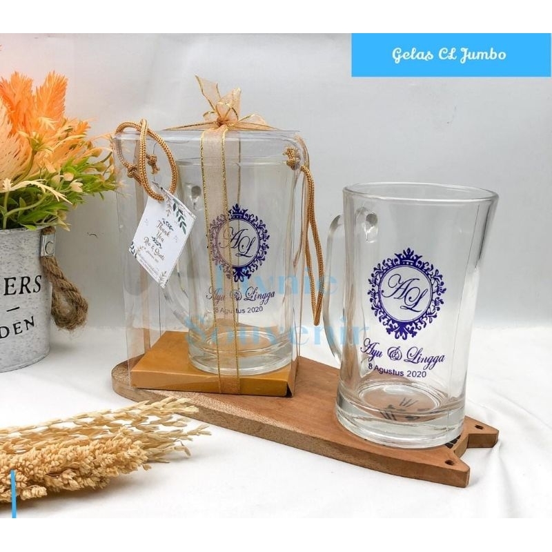 Jual souvernir pernikahan gelas kaca sablon gelas mug gagang slim jumbo ...