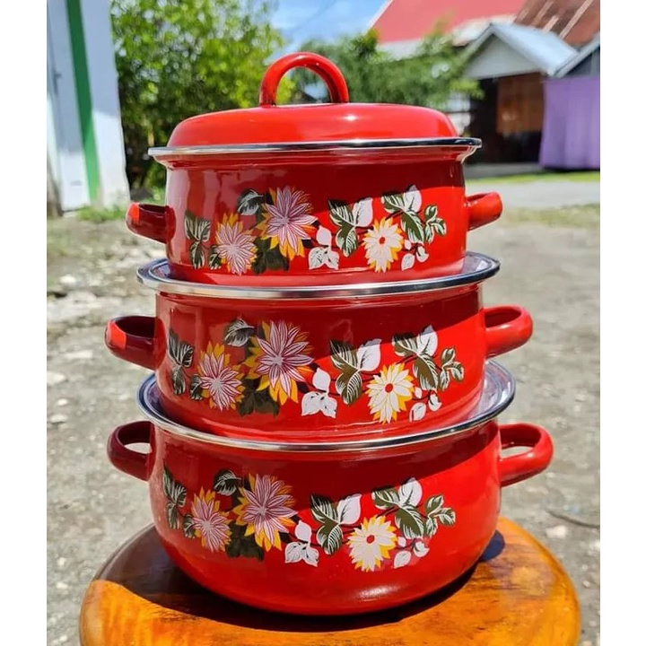 Jual PROMO TERBARU Panci Bunga Calypso 3 Susun / Panci Enamel Bunga Set ...