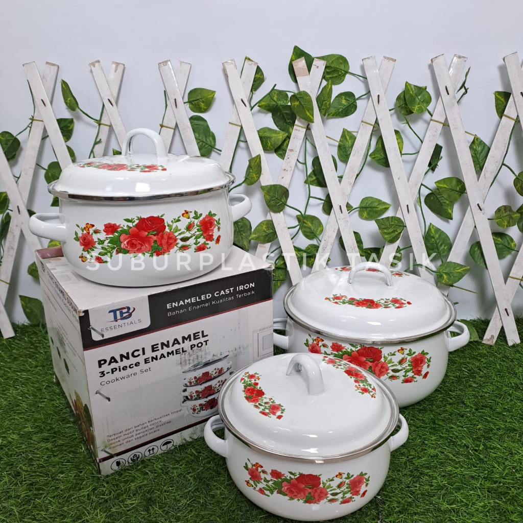 Jual Panci Enamel Bunga Susun 3 | Cookware Set | 3-Piece Enamel Pot ...