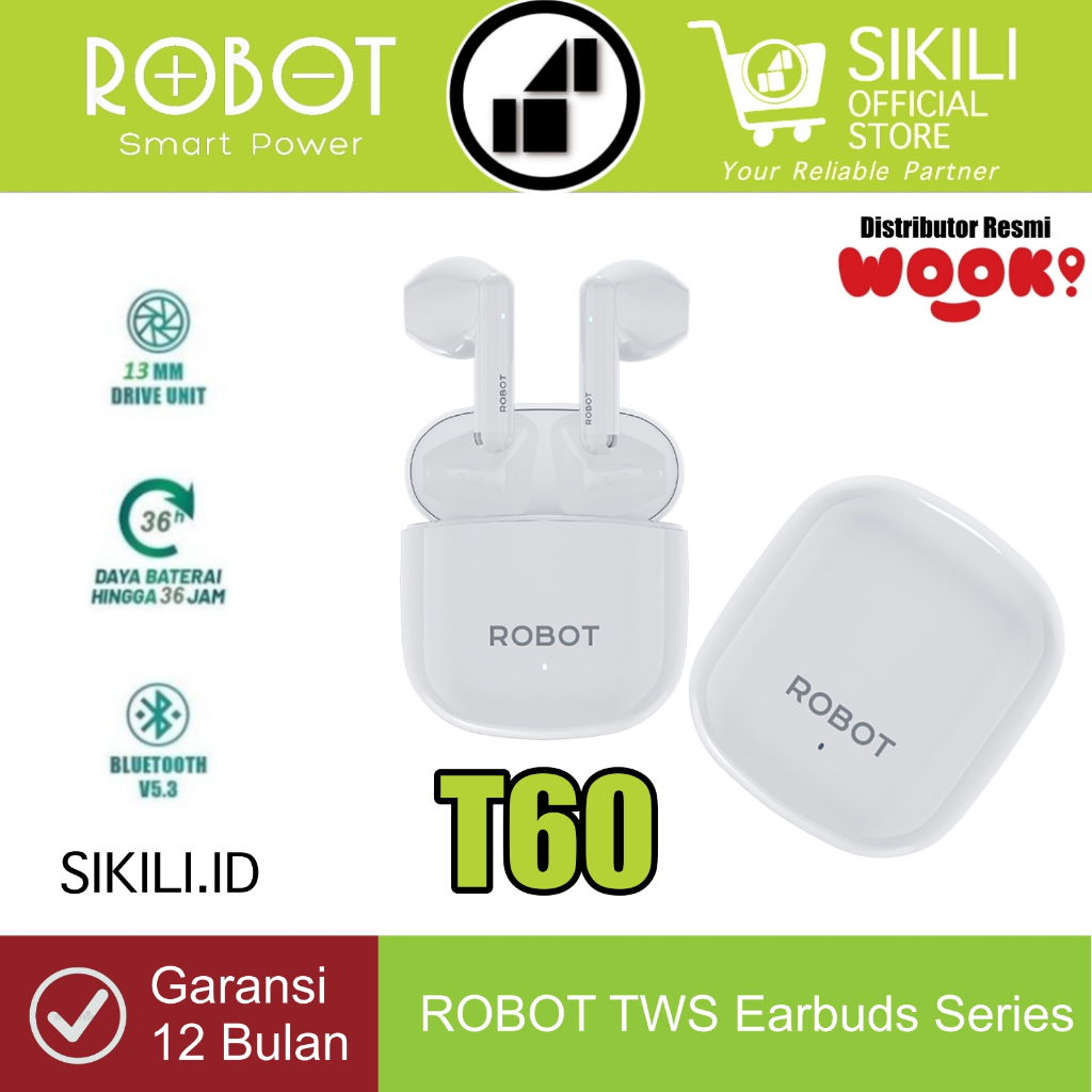 Jual Robot Airbuds T60 TWS Headset Wireless Bluetooth 5.3 Earphone Half ...