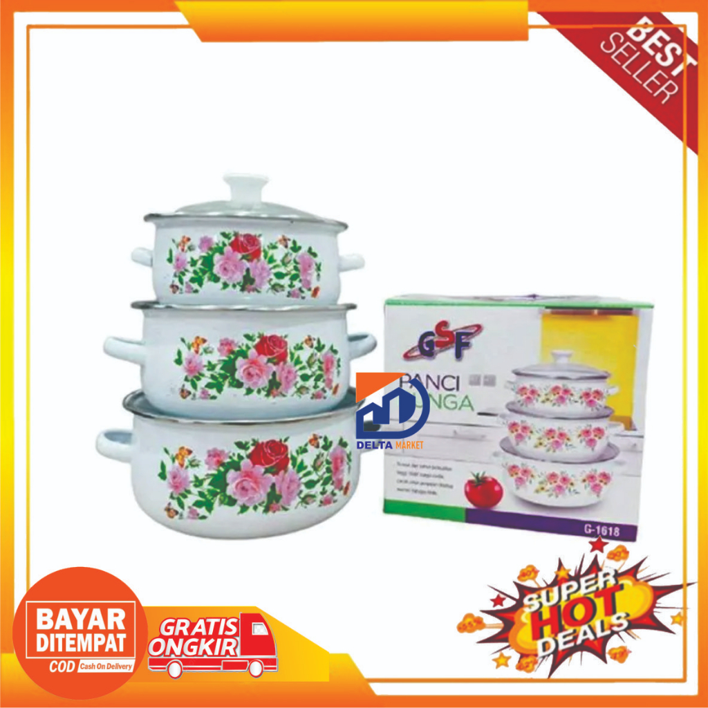 Jual Panci Bunga Isi 3 PCS Enamel Susun 3 Tebal Motif Corak Bunga GSF G ...