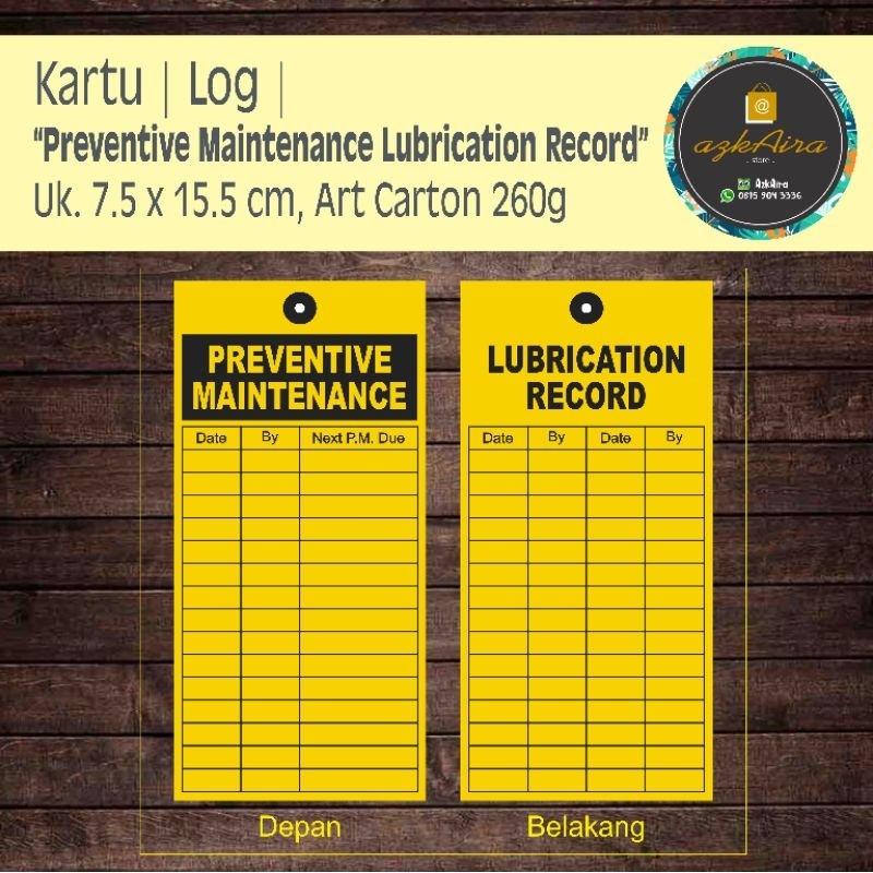 Jual Kartu Log Preventive Maintenance Lubrication Record Card | Shopee Indonesia