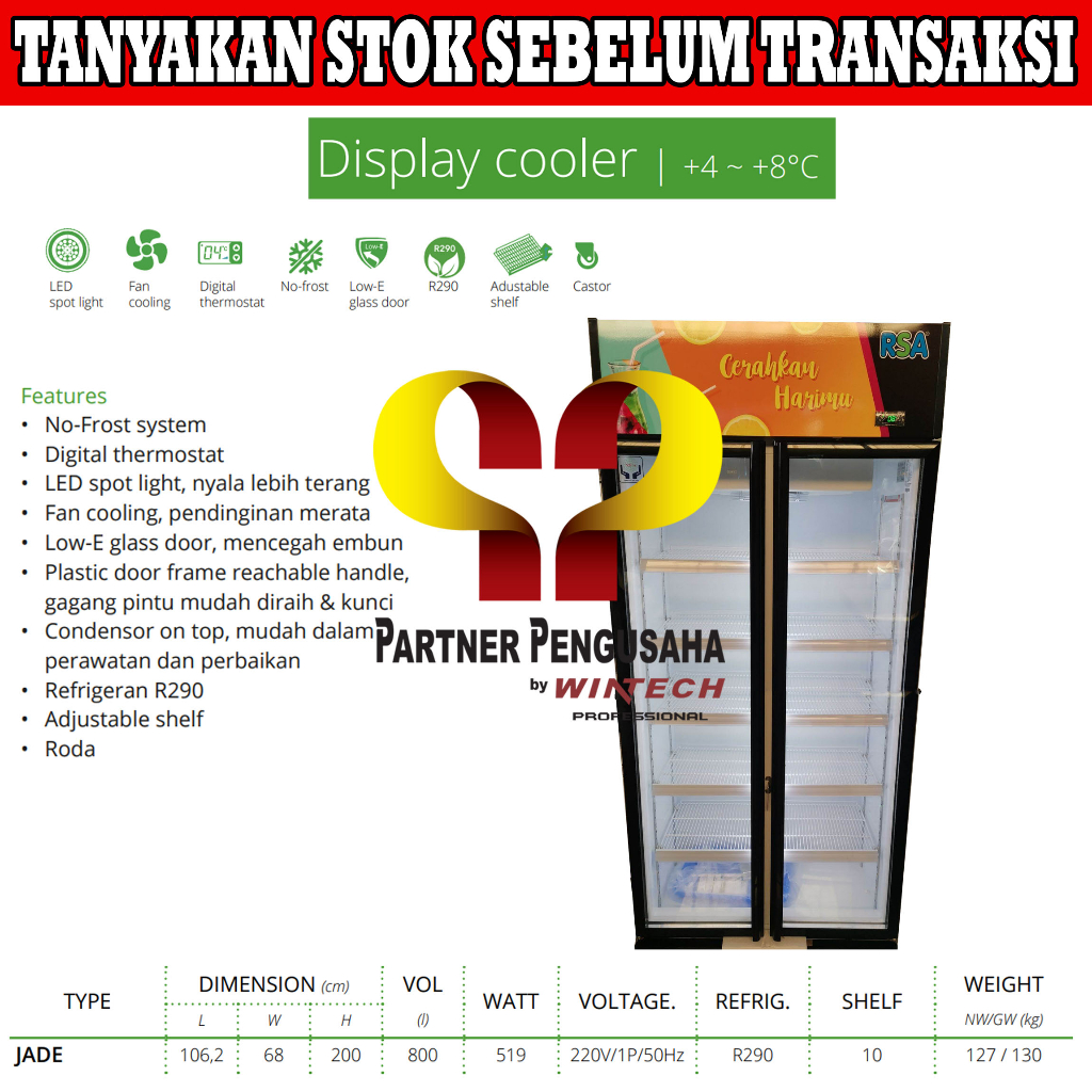 Jual DISPLAY COOLER/LEMARI PENDINGIN MINUMAN/SHOWCASE 2 PINTU RSA TYPE ...