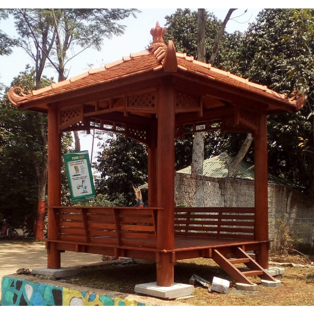Jual Gazebo Ukuran 25x25 Meter Kayu Kelapa Atap Genteng Tanah Model Oval Desain Terbaru