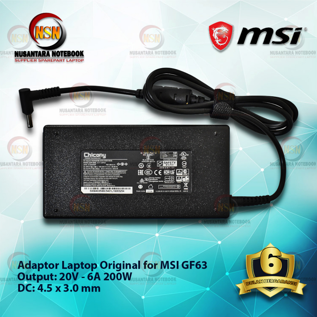 Jual Adaptor Original MSI GF63 20V 6A 120W dc: 4.5x3.0mm (a17-120p2a) | Shopee Indonesia