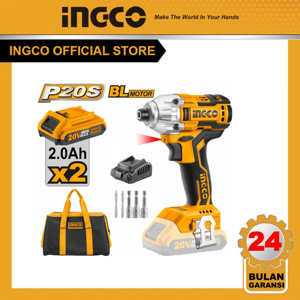 Jual INGCO 20V 170Nm Bor Impact Cordless Tanpa Sikat dengan 2 Pcs Bit ...