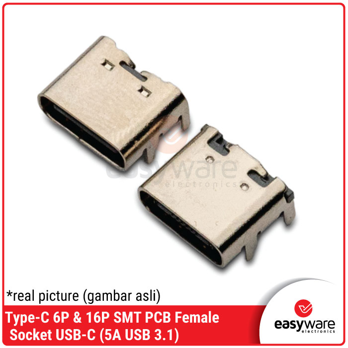 Jual Socket Type-C Female DIP SMT 6P 16P USB-C 5A USB 3.1 Connector 6 Pin 16 Pin | Shopee Indonesia