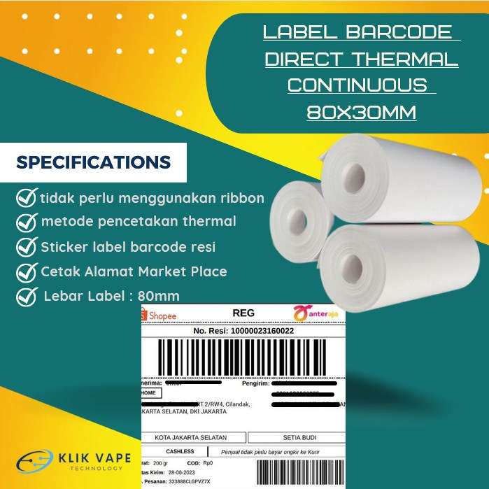 Jual TERMURAH STIKER Label Barcode Direct Thermal Continuous 80x30MM ...