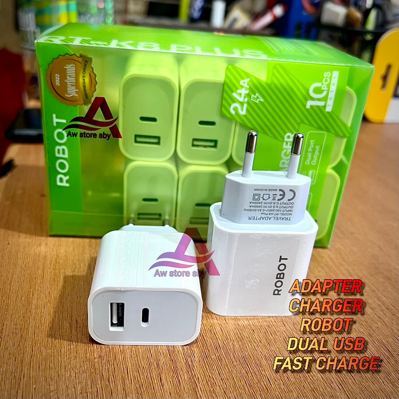 Jual ROBOT RK8+ Adapter Charger Dual Port Usb A Dan Usb C Output 2.4A ...