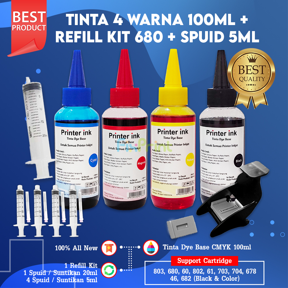 Jual Paket Tinta Refill 100ml Cartridge Printer HP 680 682 802 803 703 ...