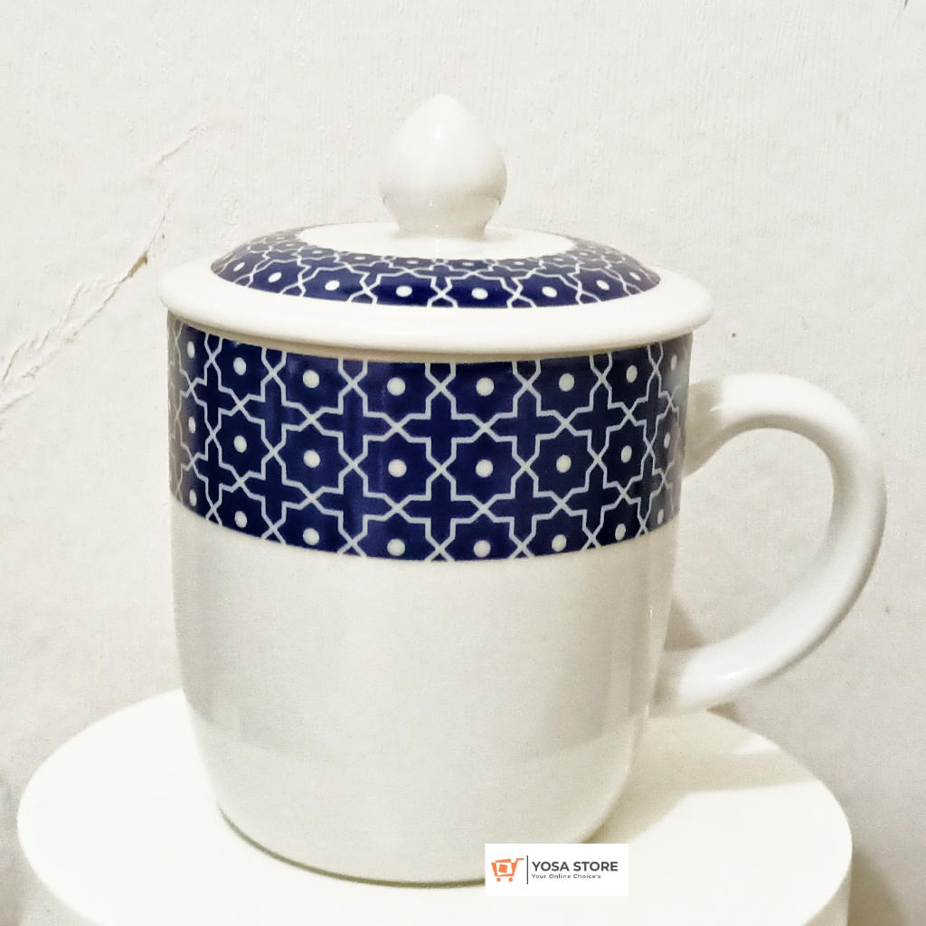 Jual Mug + Tutup Gelas Minum Keramik Motif Blue Star Gelas Kopi 1 Pcs ...