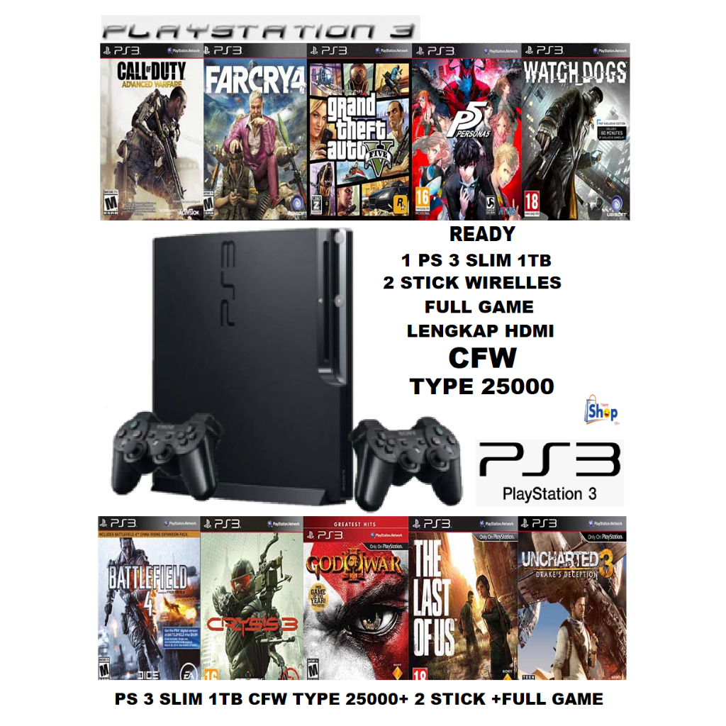 Jual PS 3 SLIM 1TB CFW TYPE 25000 VERSI TERBARU FULL SET | Shopee Indonesia