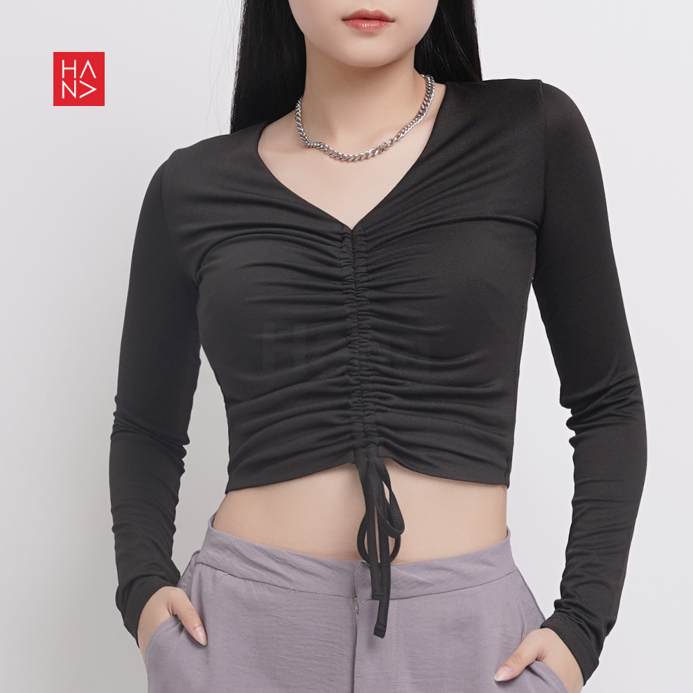 Jual HanaFashion JKT - Heejin Long Sleeve Crop Top Kaos Crop Serut ...