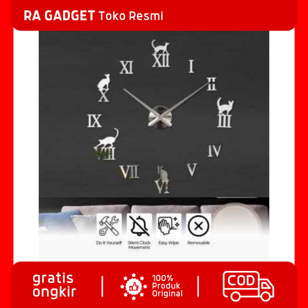Jual Jam Dinding Besar DIY Giant Clock Angka Romawi Model Kucing Lucu ...